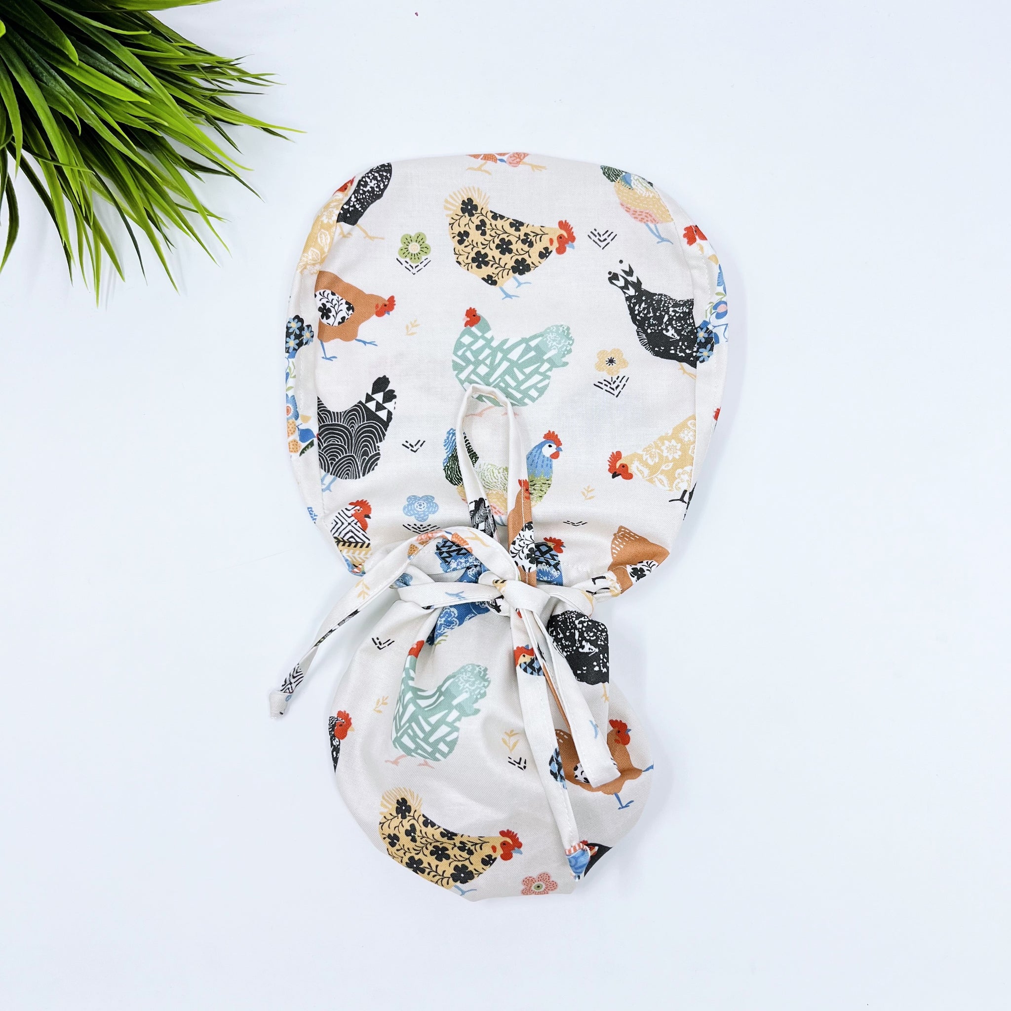 Chickens on ivory Ponytail scrub cap, Surgical cap women. Satin Lined ...
