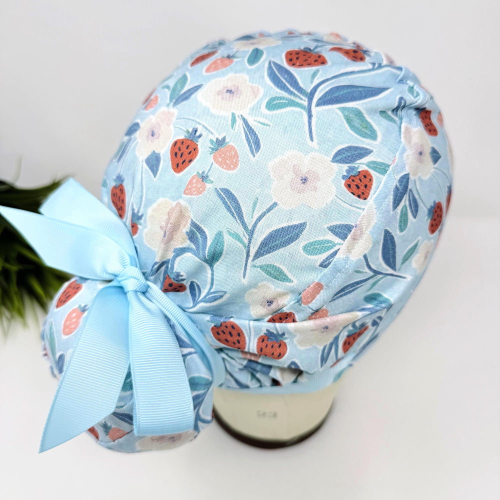 Strawberry Floral Euro scrub cap with ties for Women, Blue European ...