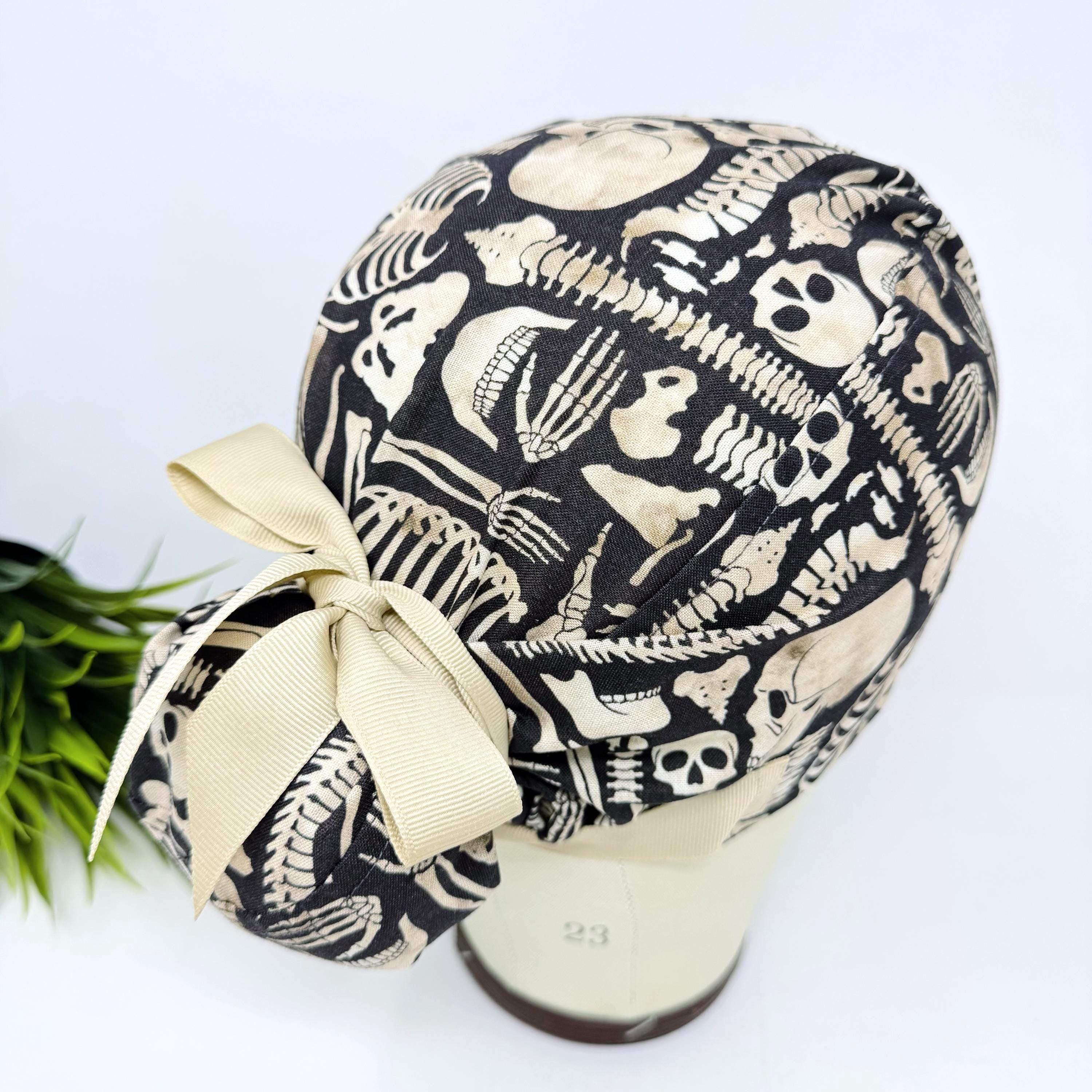Skeleton Euro scrub cap with ties for Women. Anatomy Bones Surgical cap ...