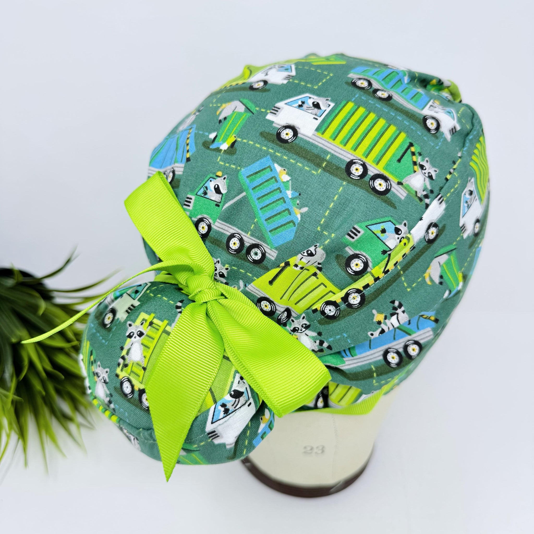 Euro scrub cap with ties for Women. Garbage Truck Raccoon European ...